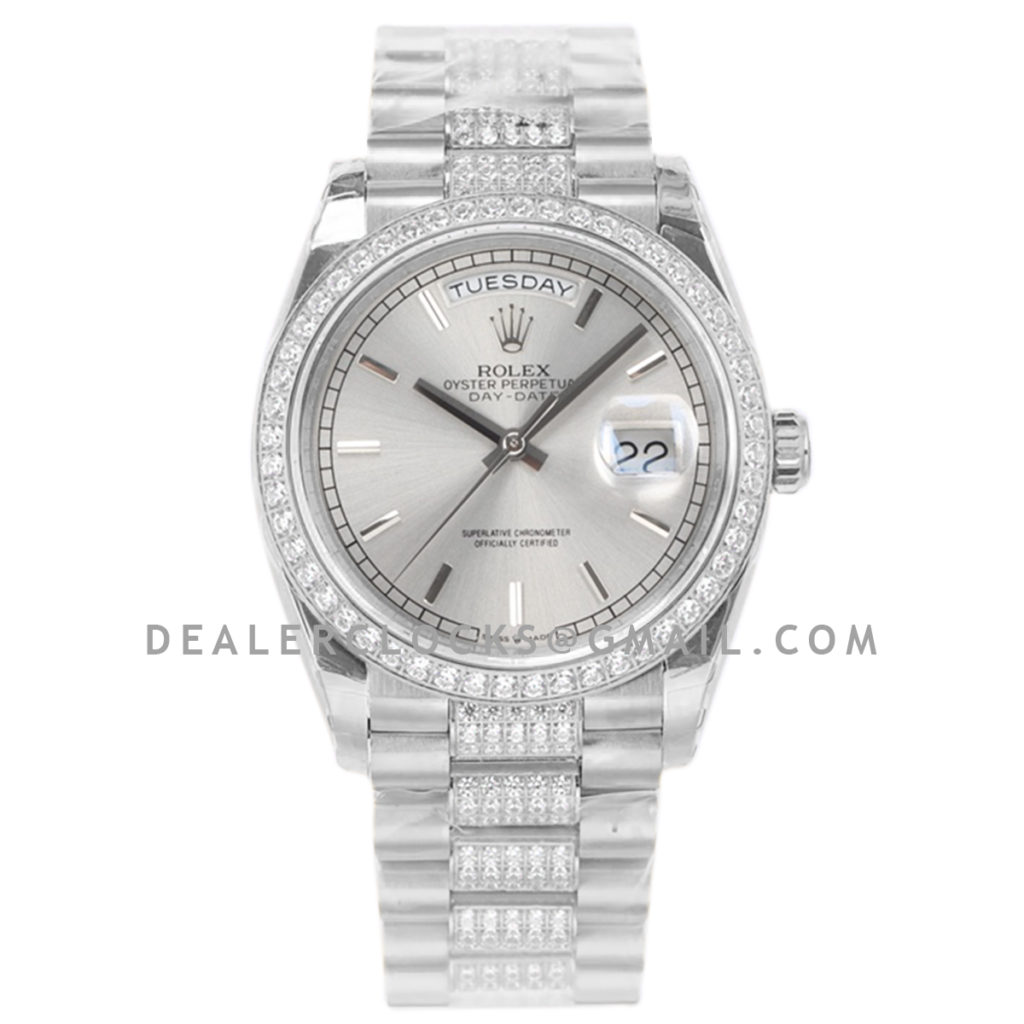 Day-Date 36 128349RBR Silver Dial with Diamond Bezel in White Gold ...